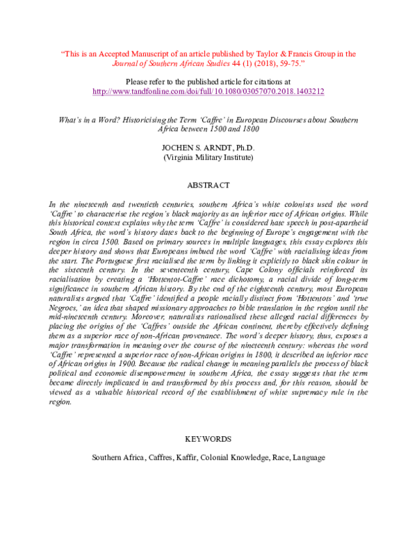 (PDF) “What’s in a Word: Historicizing the Word ‘Caffre’ in European ...