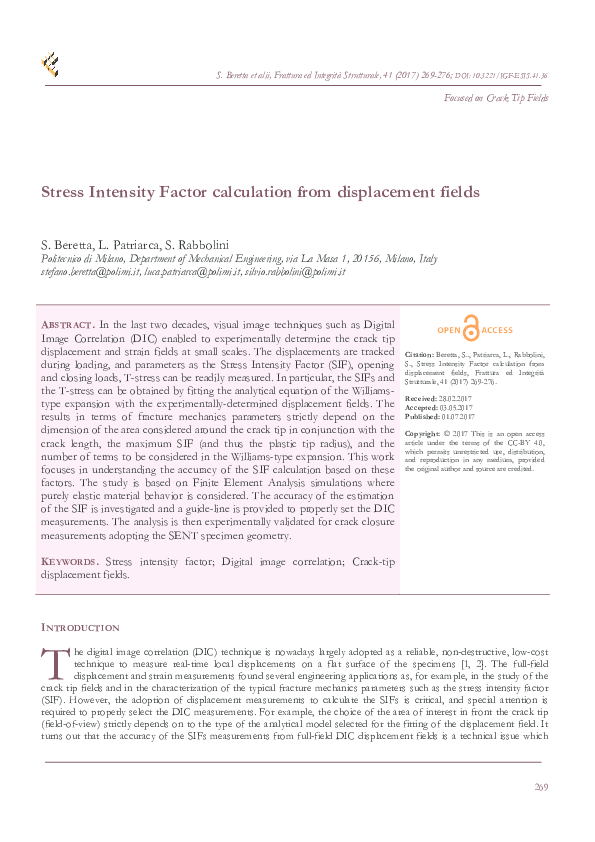 (PDF) Stress Intensity Factor calculation from displacement fields.PDF