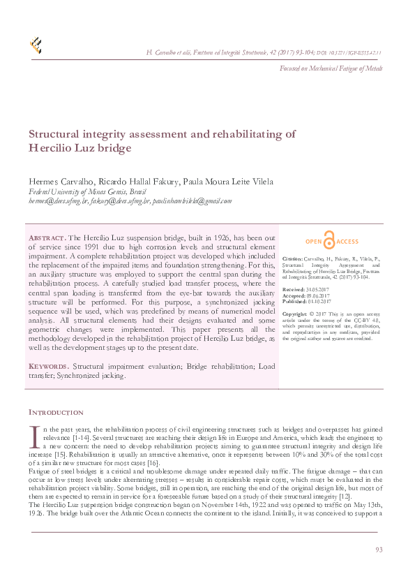 (PDF) Structural integrity assessment and rehabilitating of Hercilio Luz bridge.PDF
