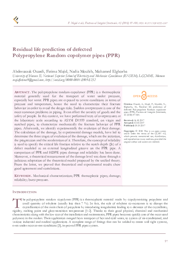 Pdf Residual Life Prediction Of Defected Polypropylene Random Copolymer Pipes Pprpdf