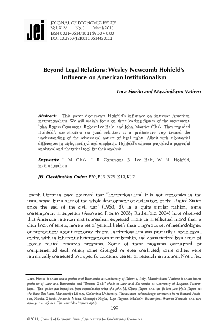 (PDF) Beyond Legal Relations: Wesley Newcomb Hohfeld 's Influence on American Institutionalism