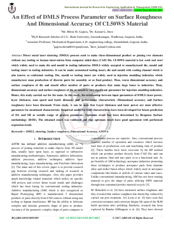 (PDF) An Effect of DMLS Process Parameter on Surface Roughness And Dimensional Accuracy Of ...