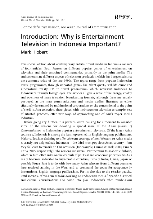 (PDF) Introduction: Why is entertainment television in Indonesia important?