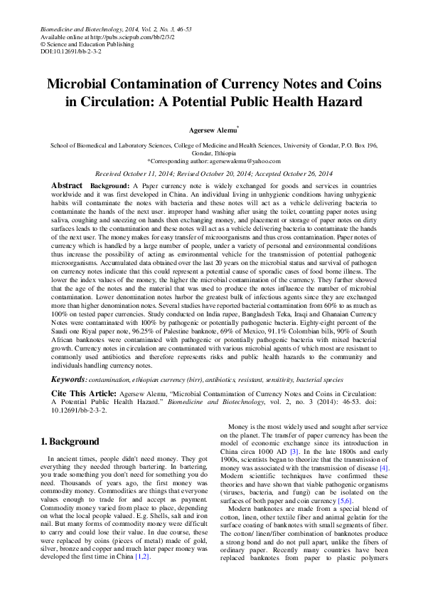 (PDF) Microbial Contamination of Currency Notes and Coins in ...
