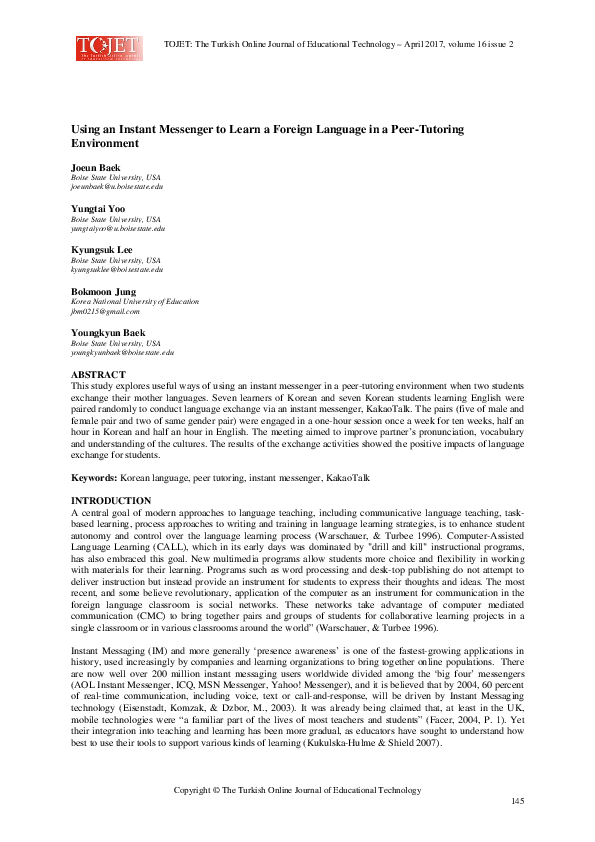 (PDF) Using an Instant Messenger to Learn a Foreign Language in a Peer ...