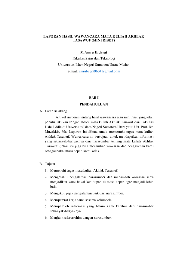 (PDF) LAPORAN HASIL WAWANCARA MATA KULIAH AKHLAK TASAWUF (MINI RISET