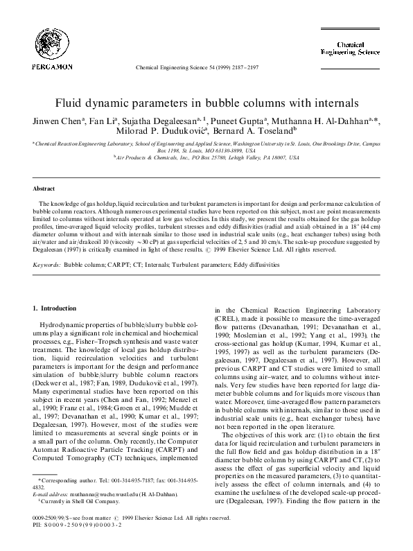 (PDF) Fluid dynamic parameters in bubble columns with internals