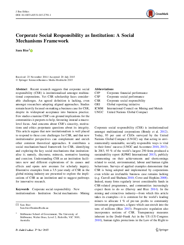 (PDF) Corporate Social Responsibility as Institution: A Social Mechanisms Framework
