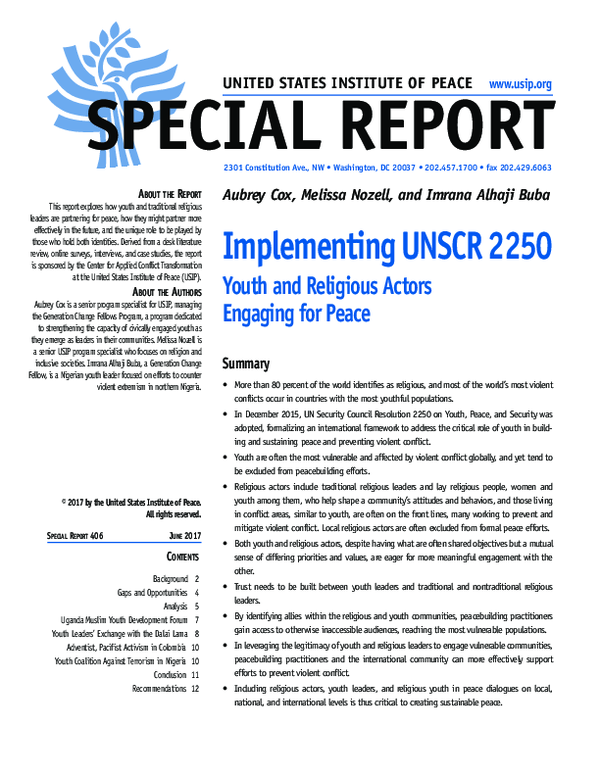 (PDF) Implementing UNSCR 2250: Youth and Religious Actors Engaging for ...