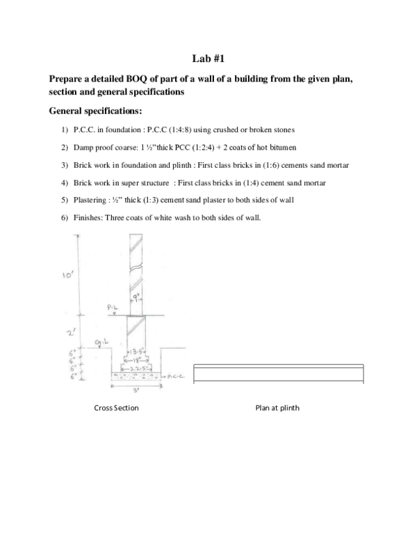 (PDF) Lab #1 Prepare a detailed BOQ of part of a wall of a building from the given plan, section ...