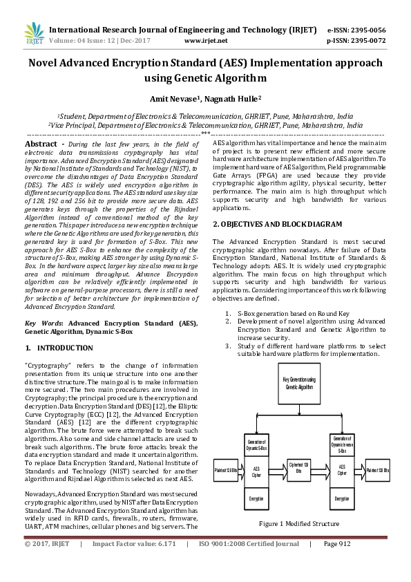 Pdf Novel Advanced Encryption Standard Aes Implementation Approach Using Genetic Algorithm