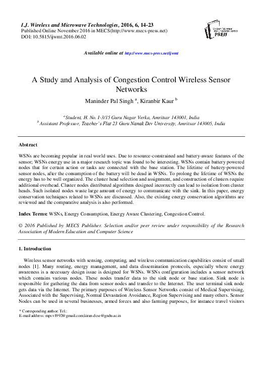 (PDF) A Study and Analysis of Congestion Control Wireless Sensor Networks