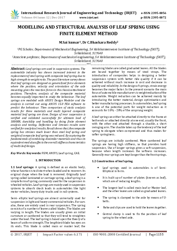 Pdf Modelling And Structural Analysis Of Leaf Spring Using Finite Element Method
