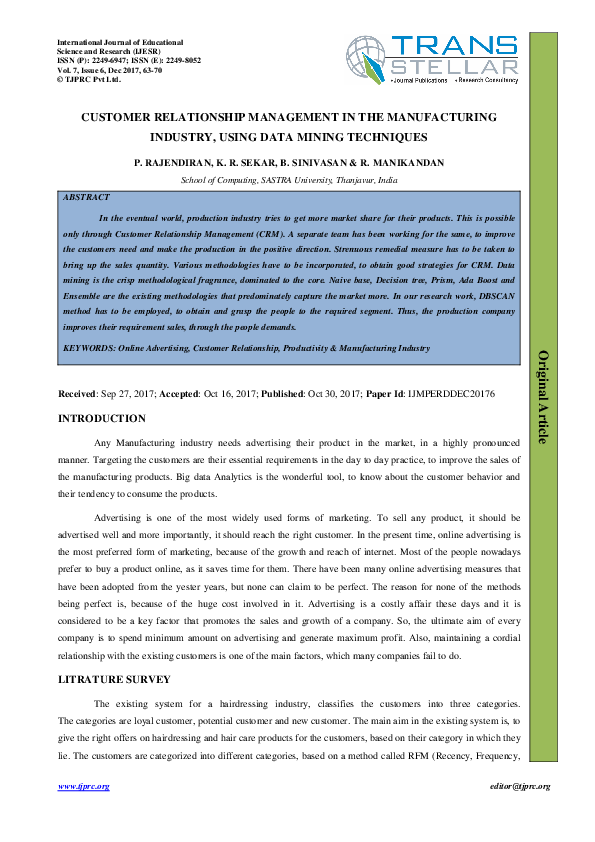 Pdf Customer Relationship Management In The Manufacturing Industry