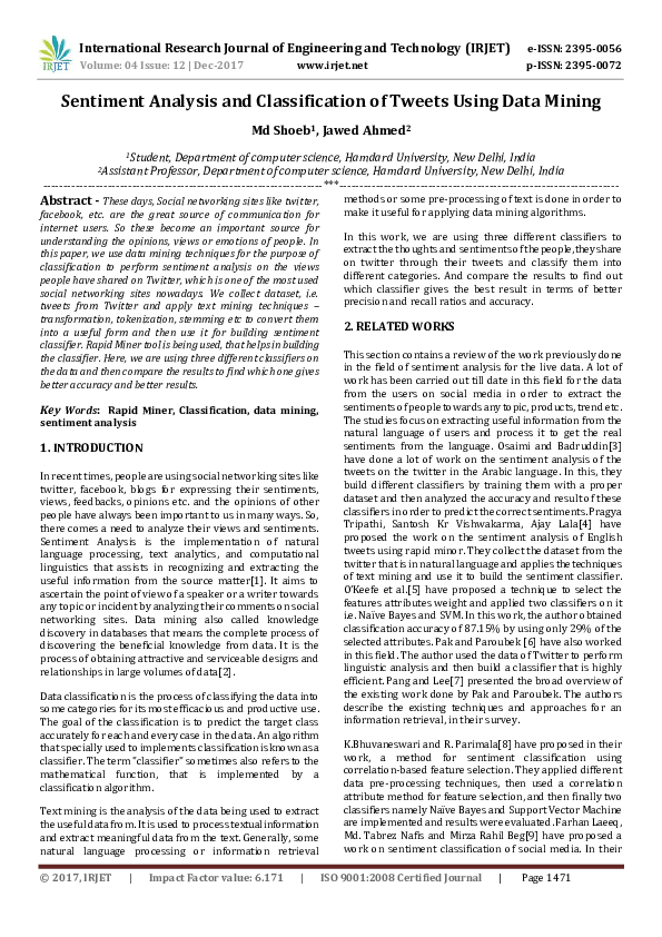 Pdf Sentiment Analysis And Classification Of Tweets Using Data Mining