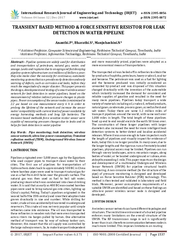 (PDF) TRANSIENT BASED METHOD & FORCE SENSITIVE RESISTOR FOR LEAK DETECTION IN WATER PIPELINE