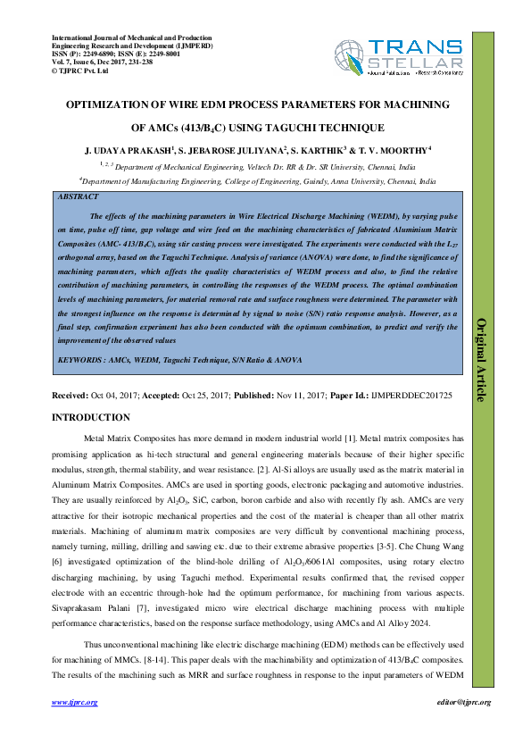 (PDF) OPTIMIZATION OF WIRE EDM PROCESS PARAMETERS FOR MACHINING OF AMCs (413/B 4 C) USING ...