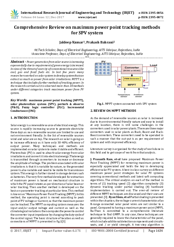 Pdf Comprehensive Review On Maximum Power Point Tracking Methods For Spv System