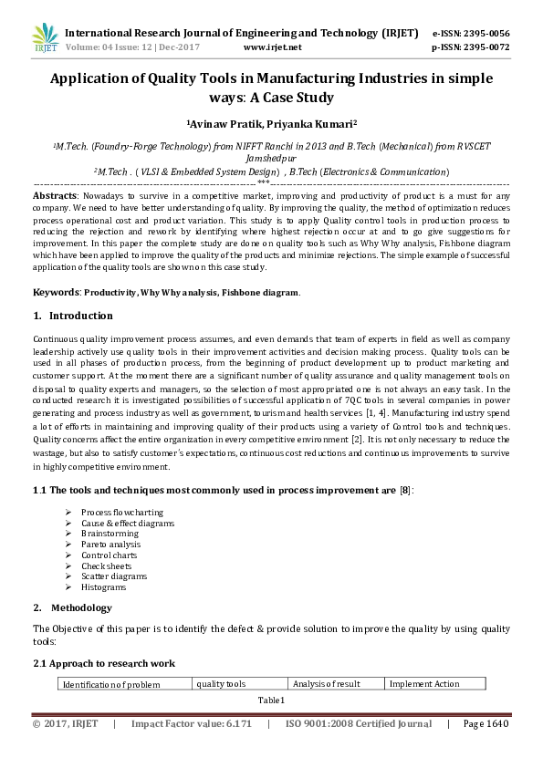 (PDF) Application of Quality Tools in Manufacturing Industries in ...