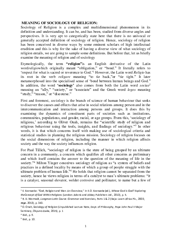 (DOC) MEANING OF SOCIOLOGY OF RELIGION: Sociology of Religion is a ...
