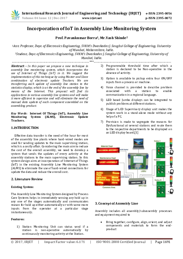 (PDF) Incorporation of IoT in Assembly Line Monitoring System