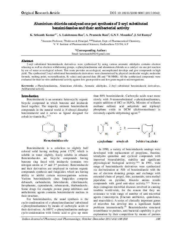 (PDF) Aluminium chloride catalyzed one-pot synthesis of 2-aryl substituted benzimidazoles and ...