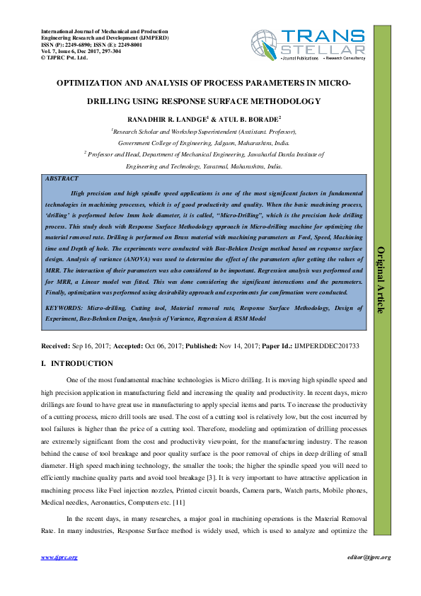 (PDF) OPTIMIZATION AND ANALYSIS OF PROCESS PARAMETERS IN MICRO- DRILLING USING RESPONSE SURFACE ...