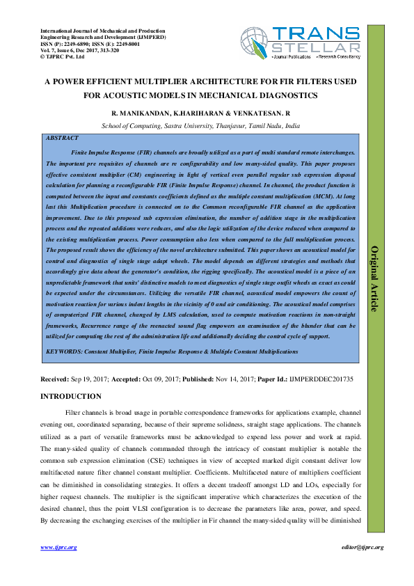 (PDF) A POWER EFFICIENT MULTIPLIER ARCHITECTURE FOR FIR FILTERS USED FOR ACOUSTIC MODELS IN ...