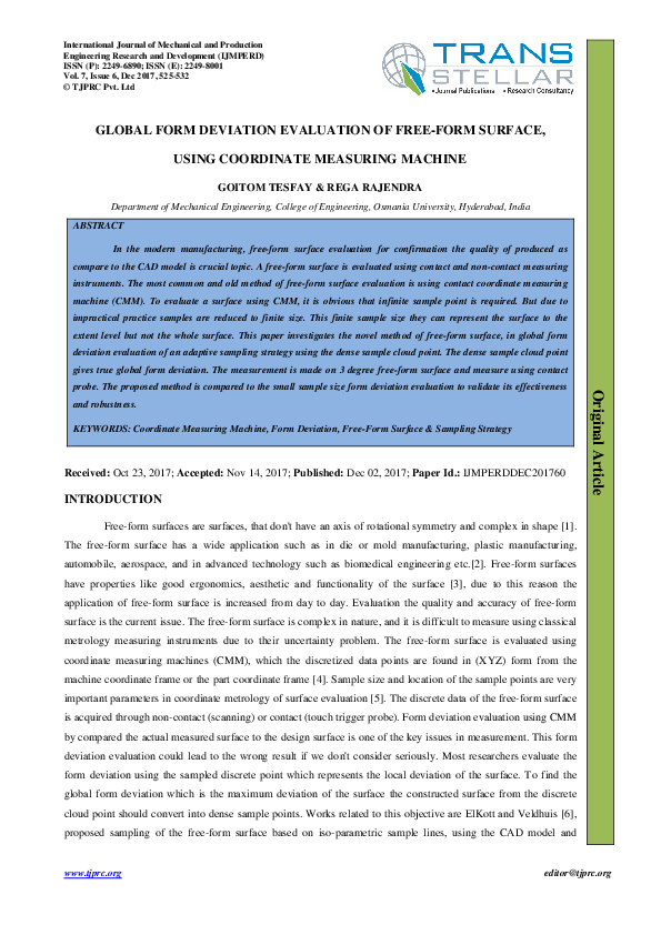 Pdf Global Form Deviation Evaluation Of Free Form Surface Using Coordinate Measuring Machine