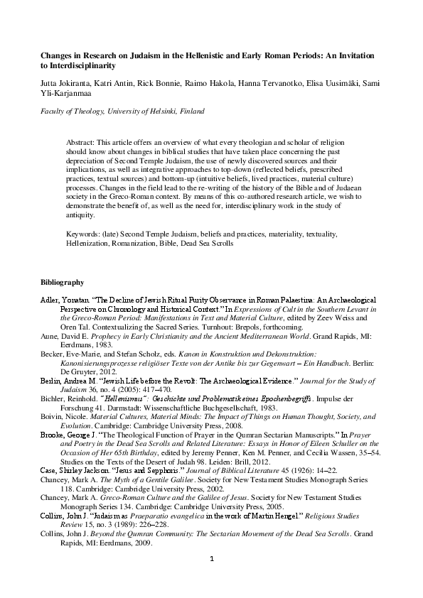 (PDF) "Changes in Research on Judaism in the Hellenistic and Early ...