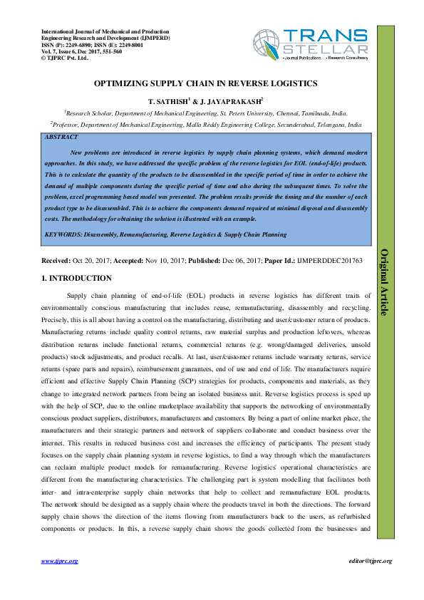 (PDF) OPTIMIZING SUPPLY CHAIN IN REVERSE LOGISTICS