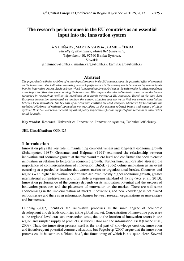 Pdf The Research Performance In The Eu Countries As An Essential Input Into The Innovation System