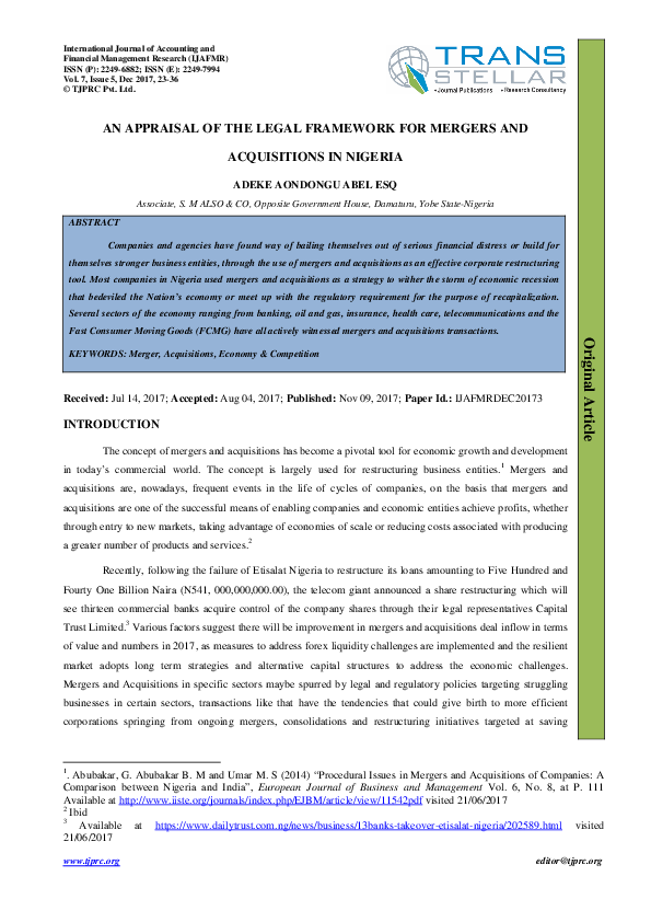 (PDF) AN APPRAISAL OF THE LEGAL FRAMEWORK FOR MERGERS AND ACQUISITIONS ...