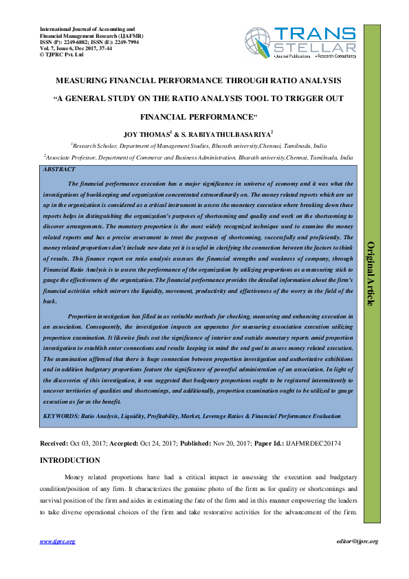 (PDF) MEASURING FINANCIAL PERFORMANCE THROUGH RATIO ANALYSIS " A ...