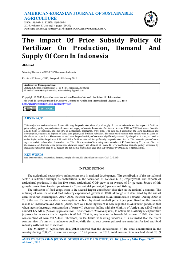 (PDF) AMERICAN-EURASIAN JOURNAL OF SUSTAINABLE AGRICULTURE The Impact Fertilizer On Supply Of Corn