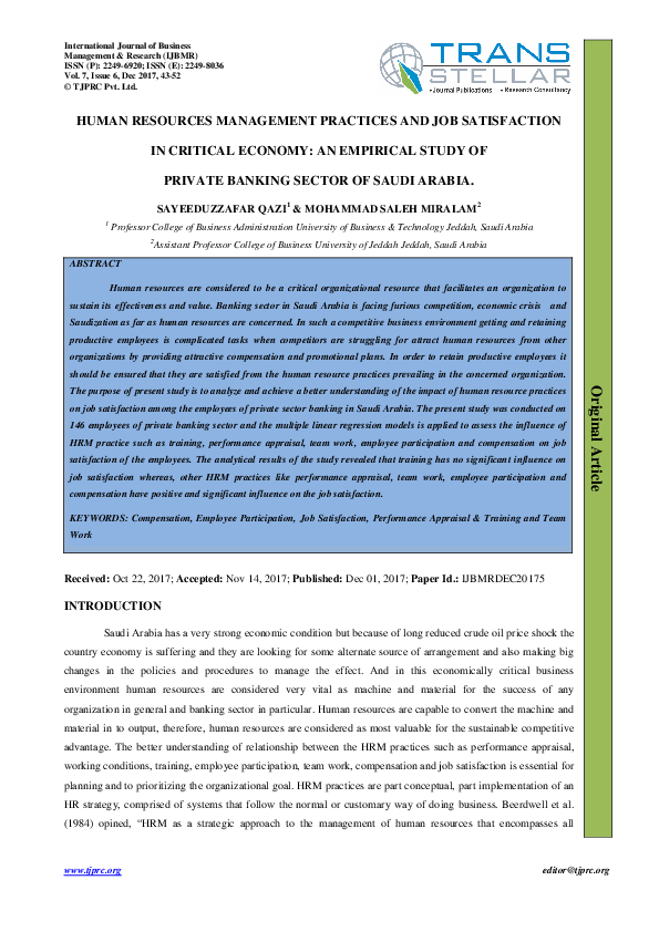 (PDF) HUMAN RESOURCES MANAGEMENT PRACTICES AND JOB SATISFACTION IN CRITICAL ECONOMY: AN ...