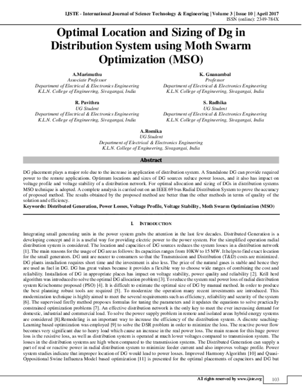 Pdf Optimal Location And Sizing Of Dg In Distribution System Using
