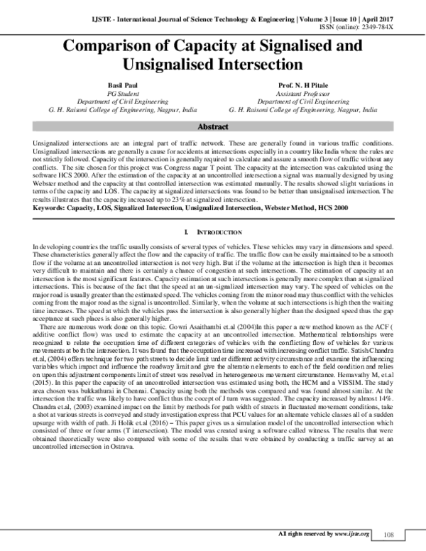 Pdf Comparison Of Capacity At Signalised And Unsignalised Intersection