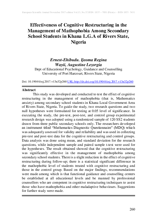 (PDF) Effectiveness of Cognitive Restructuring in the Management of ...