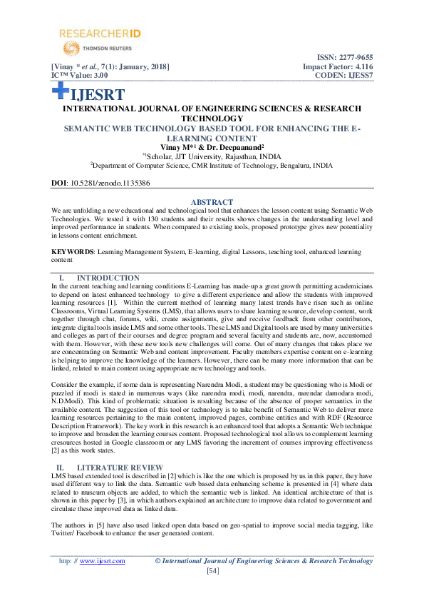 (PDF) SEMANTIC WEB TECHNOLOGY BASED TOOL FOR ENHANCING THE E- LEARNING CONTENT