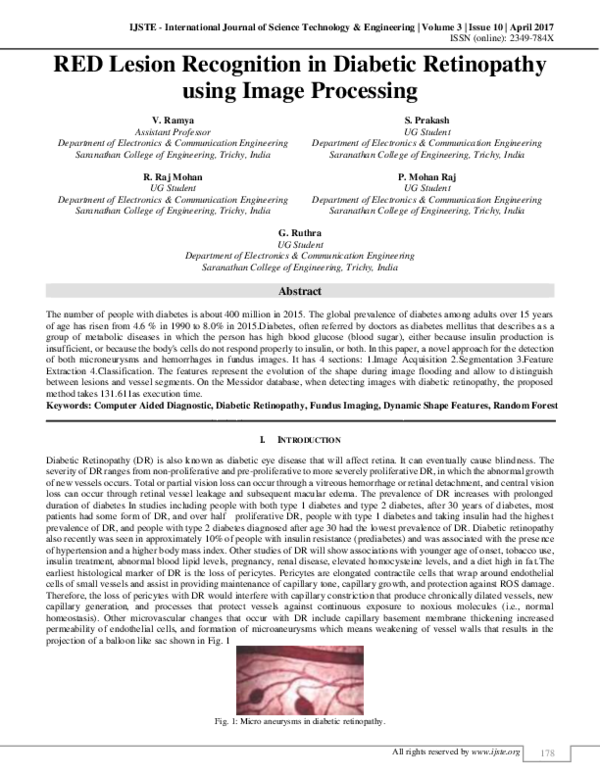 Pdf Red Lesion Recognition In Diabetic Retinopathy Using Image Processing