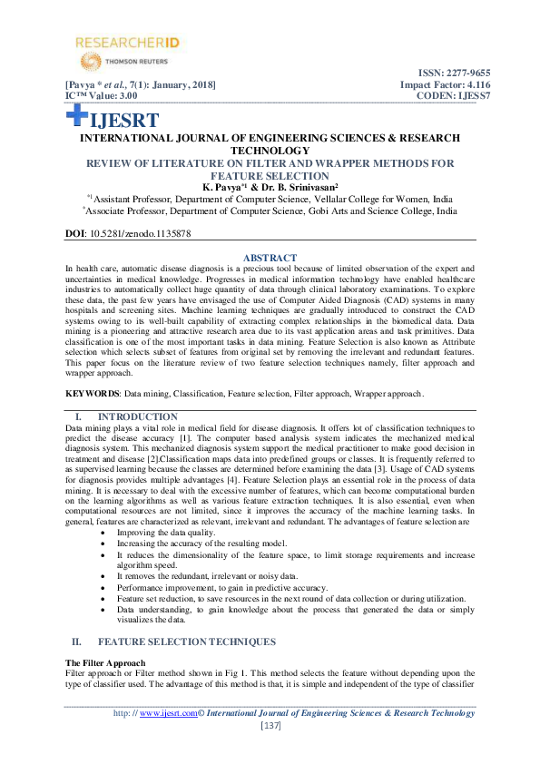 Pdf Review Of Literature On Filter And Wrapper Methods For Feature