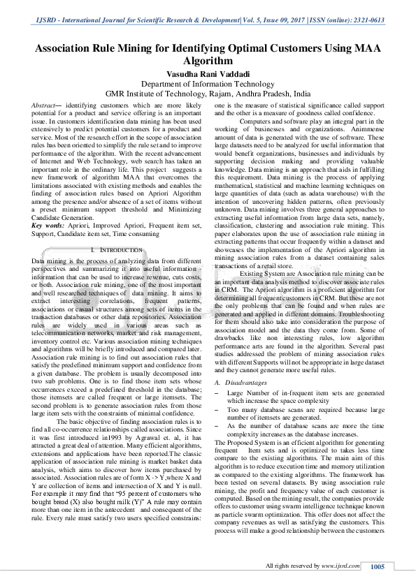 Pdf Association Rule Mining For Identifying Optimal Customers Using Maa Algorithm