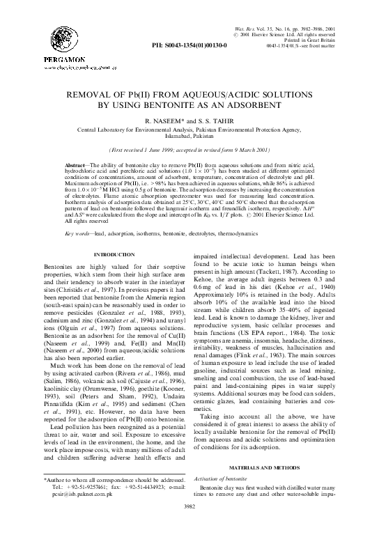 (PDF) REMOVAL OF Pb(II) FROM AQUEOUS/ACIDIC SOLUTIONS BY USING BENTONITE AS AN ADSORBENT