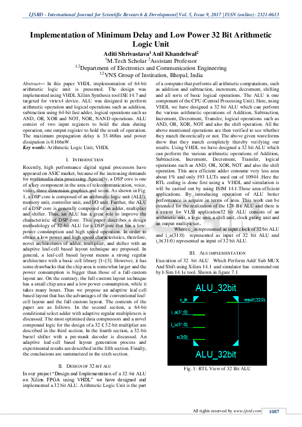 Pdf Implementation Of Minimum Delay And Low Power 32 Bit Arithmetic