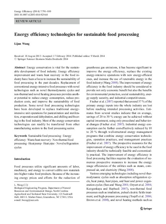 (PDF) Energy efficiency technologies for sustainable food processing