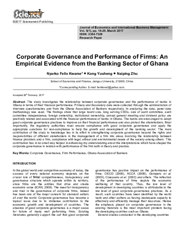 (PDF) Corporate Governance and Performance of Firms: An Empirical Evidence from the Banking ...