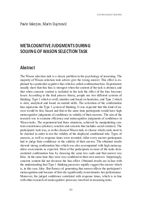 (PDF) Metacognitive judgments during solving of Wason selection task
