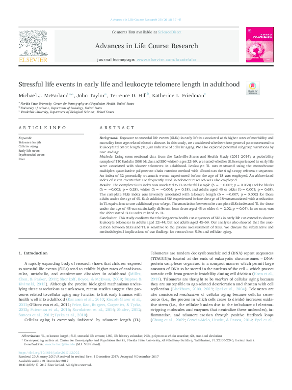 (PDF) Stressful Life Events in Early Life and Leukocyte Telomere Length ...