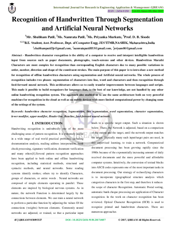 (PDF) Recognition of Handwritten Through Segmentation and Artificial ...